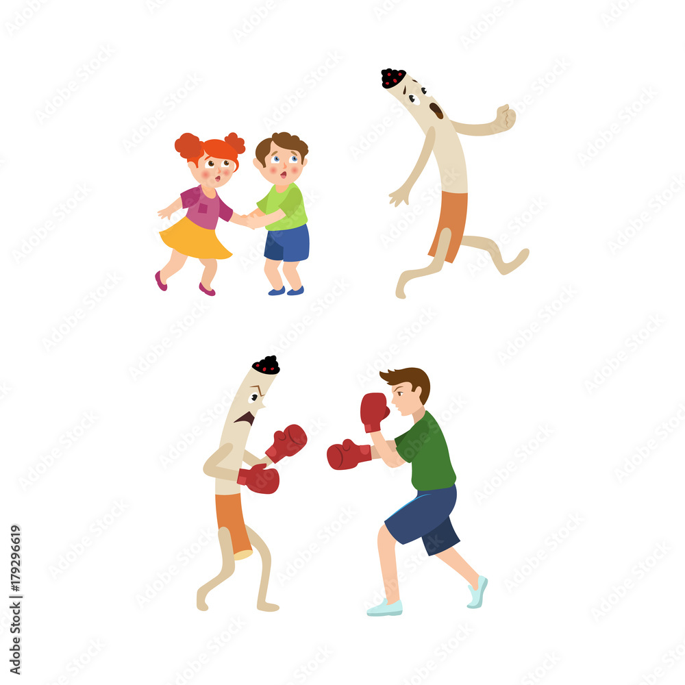 Young man fighting smoking habit in box gloves, frightened kids and ...