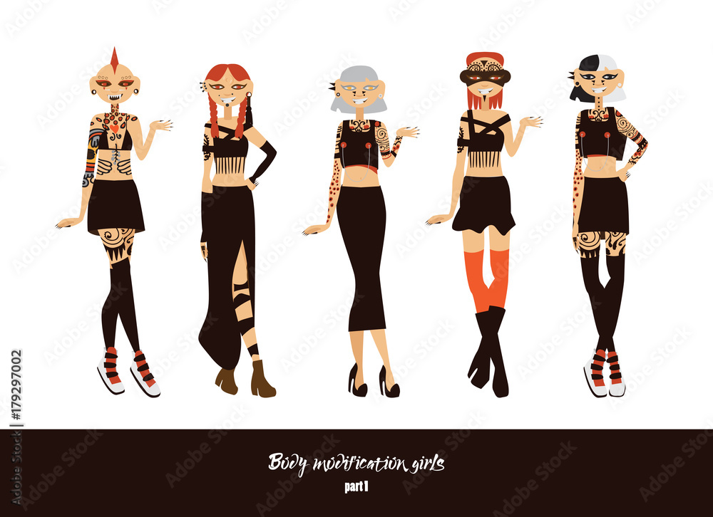Vector set with lovely young girls with body modifications as donuts in ...
