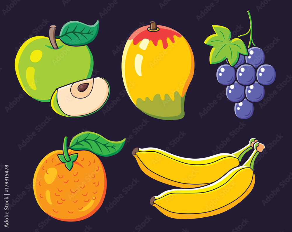Fruits set. Green apple with slice, mango, grape bunch, orange, two ...