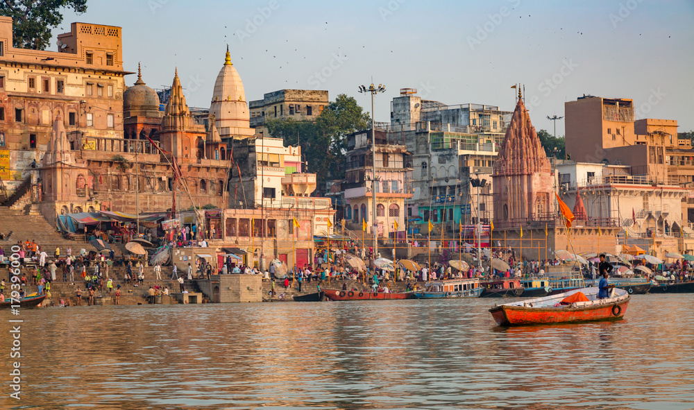 Ancient Varanasi city with old architectural buildings and temples ...