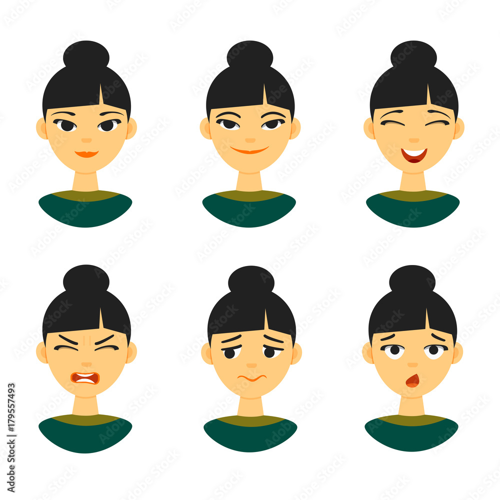Collection of different Chinese asian female woman emotions expression ...