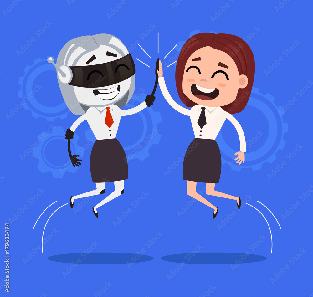 Human and robot characters cooperation. Vector flat cartoon ...