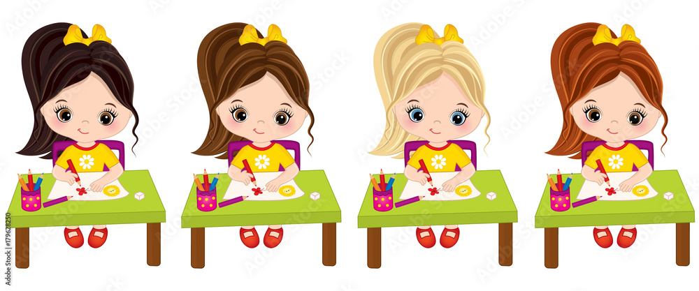Vector Little Girls Draw. Vector Little Artists Stock Vector | Adobe Stock