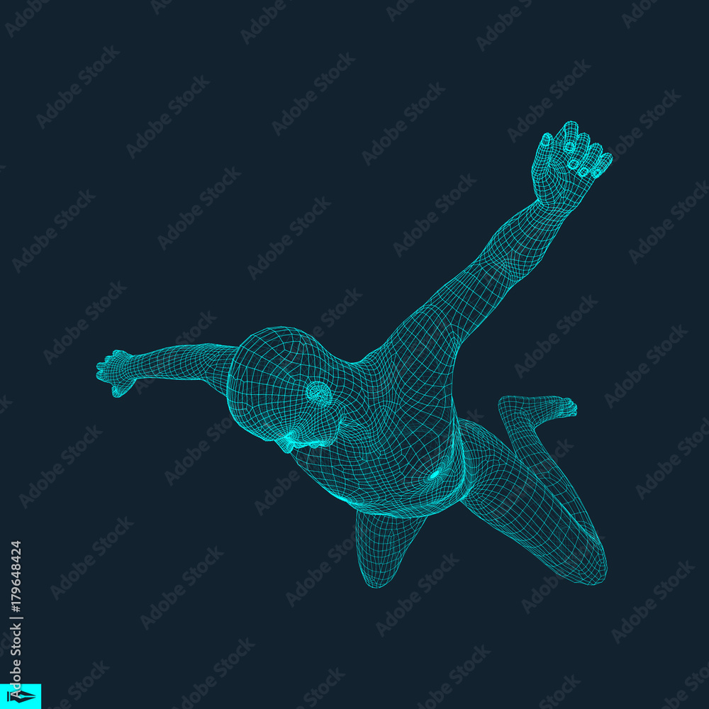 Man falling down. Jumping Man. 3D Model of Man. Human Body. Sport ...