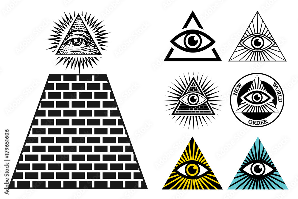 All Seeing Eye icons set pyramid. Illuminati symbol Stock Vector ...