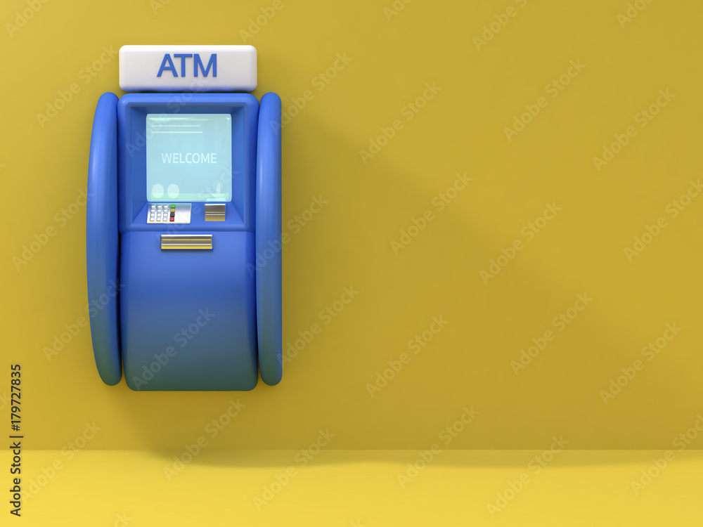 blue atm machine cartoon style yellow background 3d rendering business ...