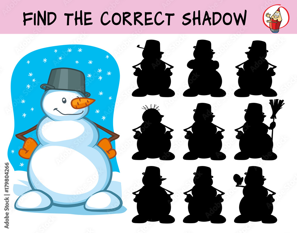 Happy snowman. Find the correct shadow. Educational matching game for ...
