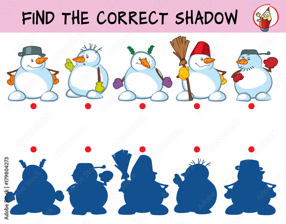 Funny snowmen. Find the correct shadow. Educational matching game for ...