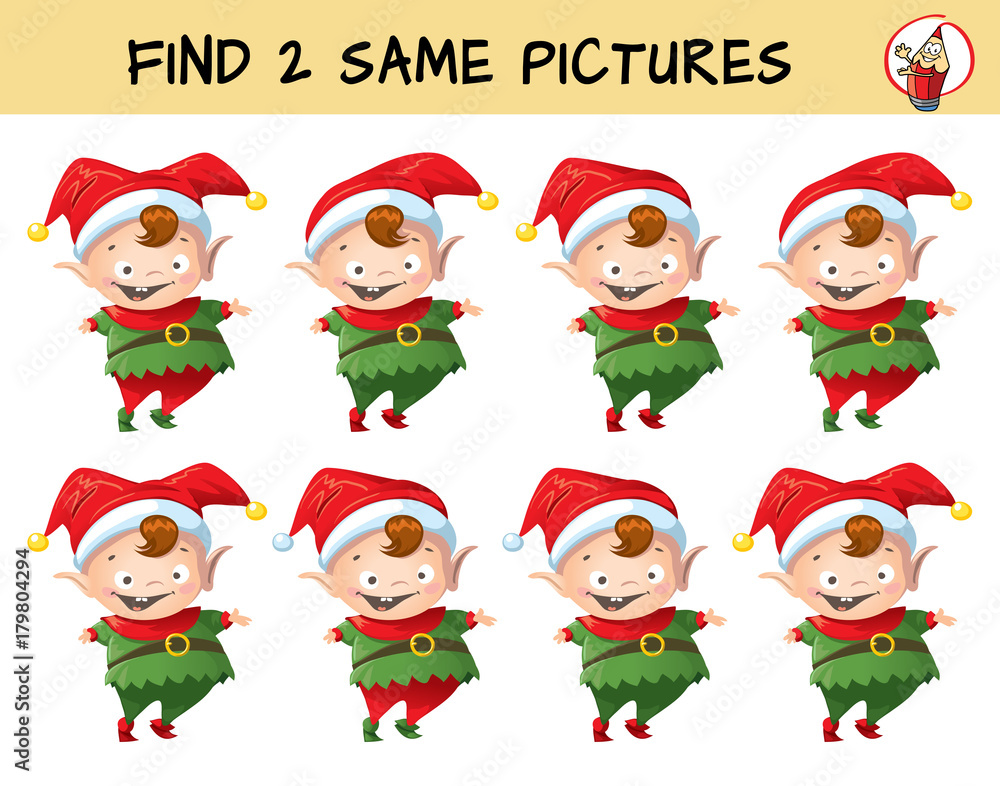 Funny Christmas elf. Find two same pictures. Educational matching game ...