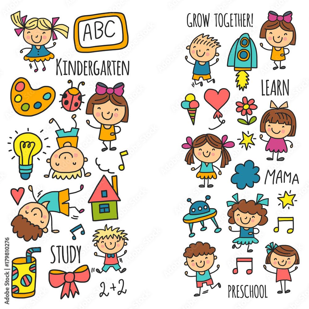 Kids drawing Kindergarten School Happy children play Illustration for ...