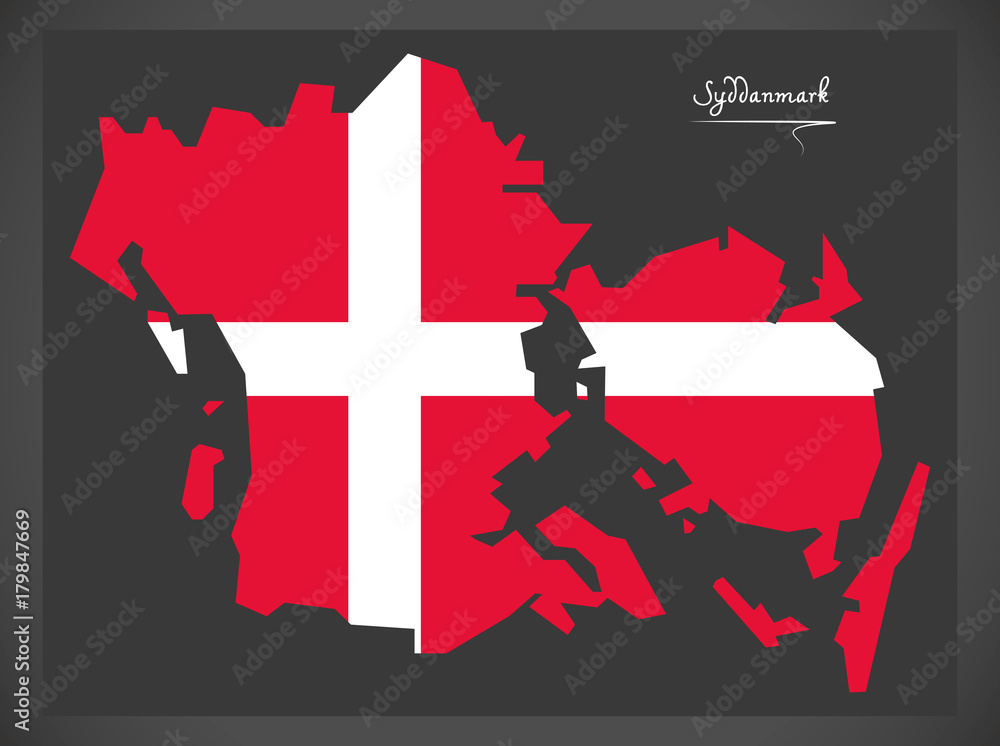 Syddanmark map of Denmark with Danish national flag illustration Stock ...