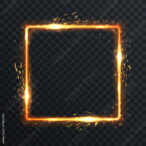 Realistic square light fire flame frame with firework sparkles, vector ...