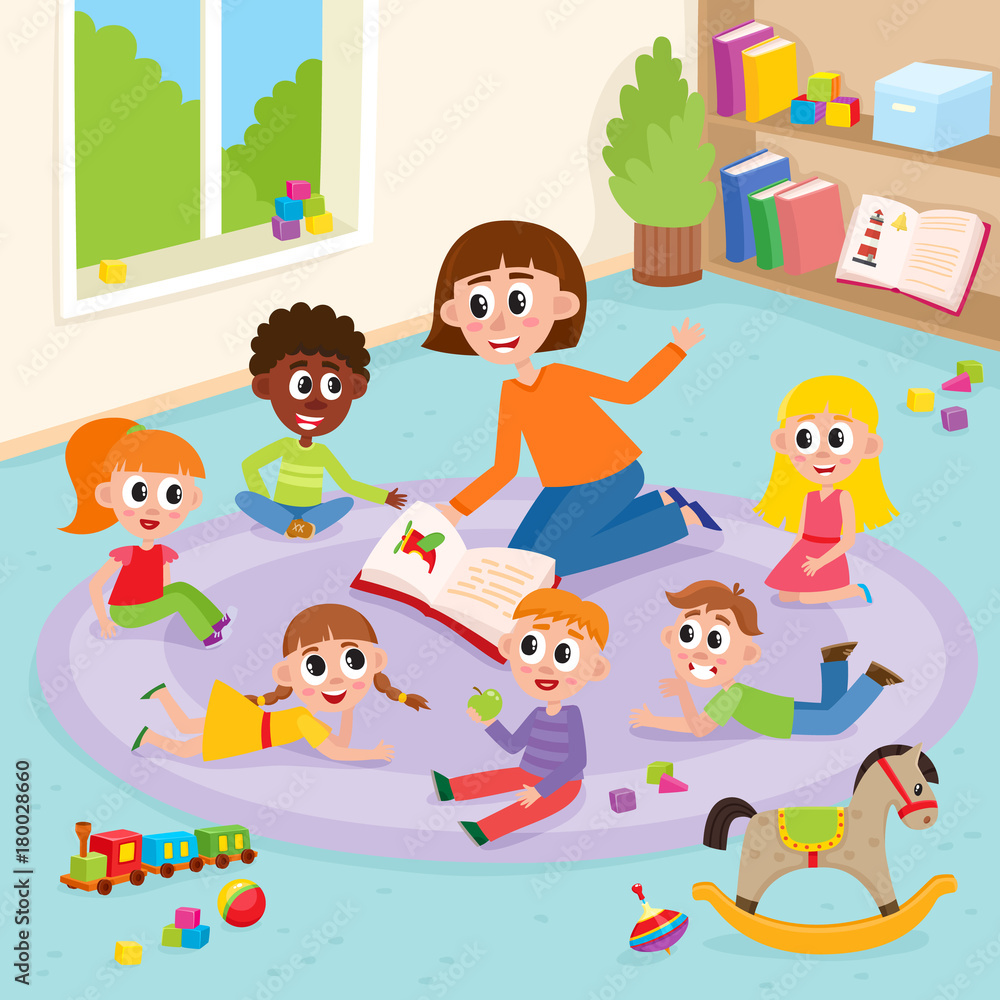 Kindergarten kids in classroom and teacher who reads them a book, comic ...