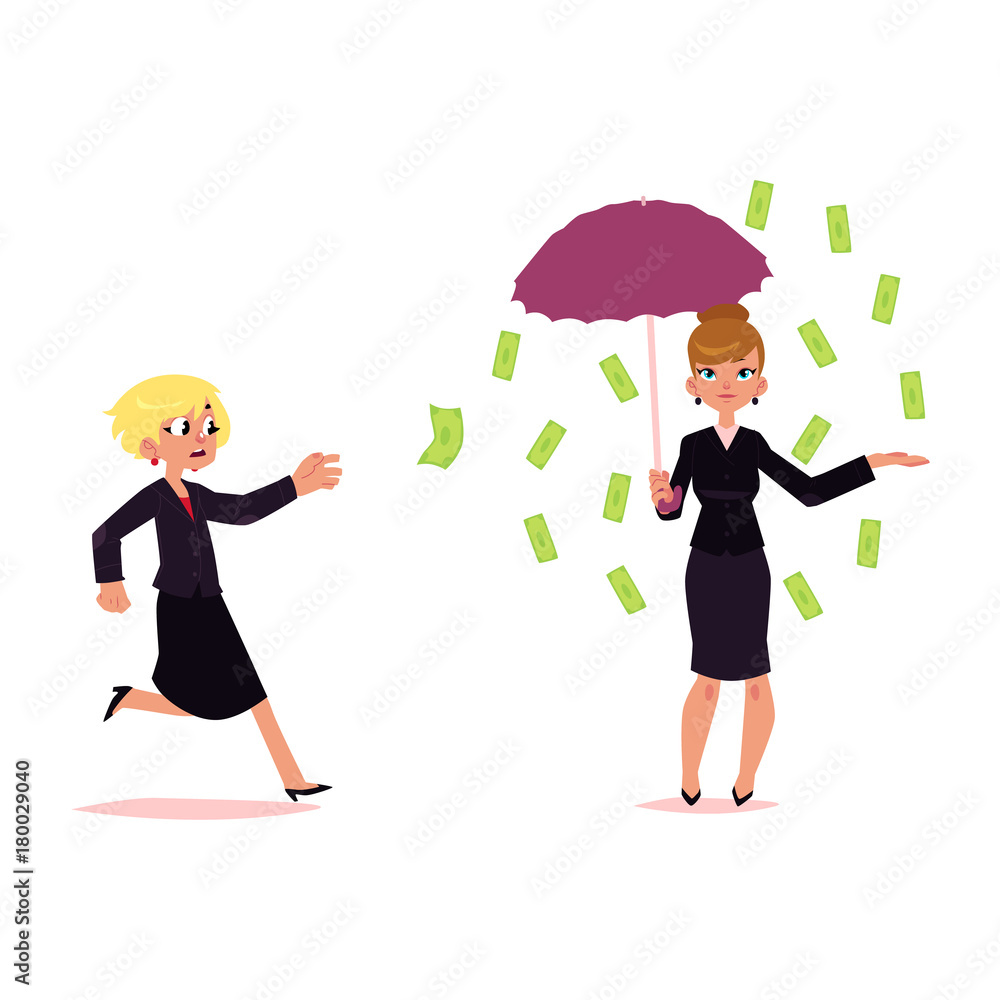 Woman standing under falling money rain with umbrella, anoher trying to ...
