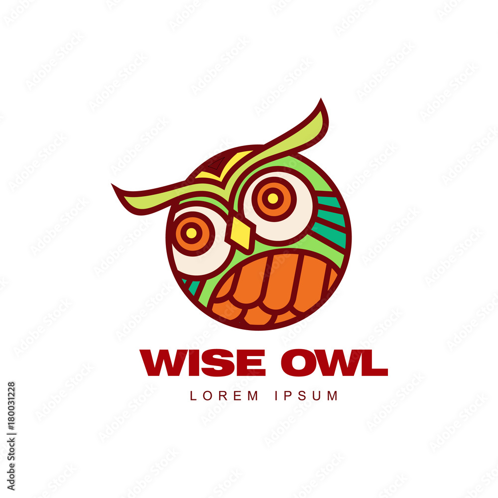 wise hand drawn colored wise owl head closeup . brand logo stylized ...