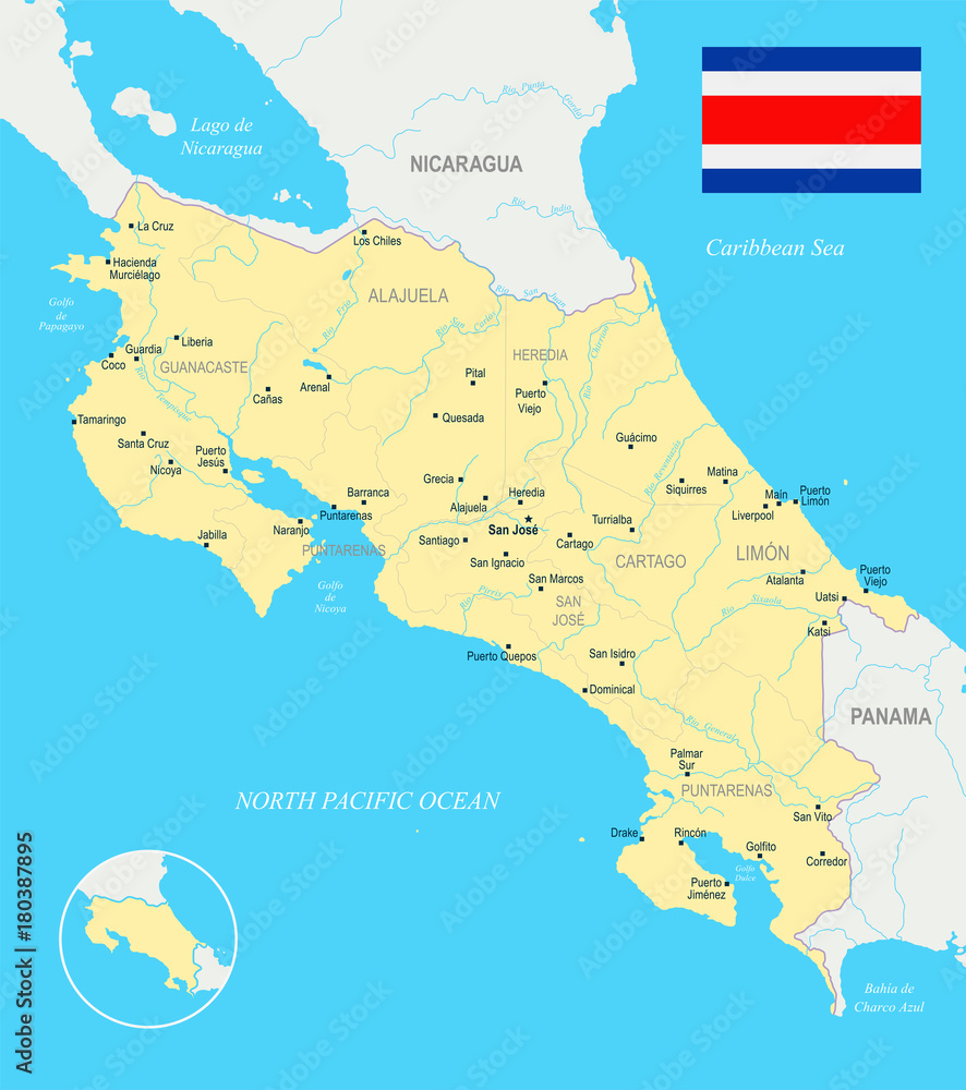 Costa Rica Map - Detailed Vector Illustration Stock Vector | Adobe Stock