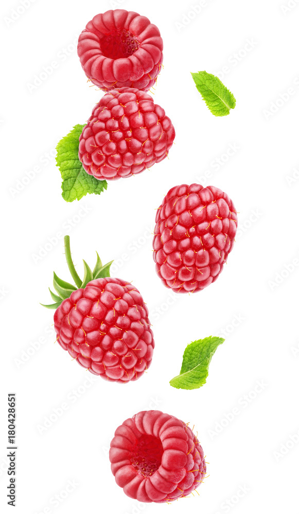 Isolated berries floating in the air. Falling raspberry fruits with ...