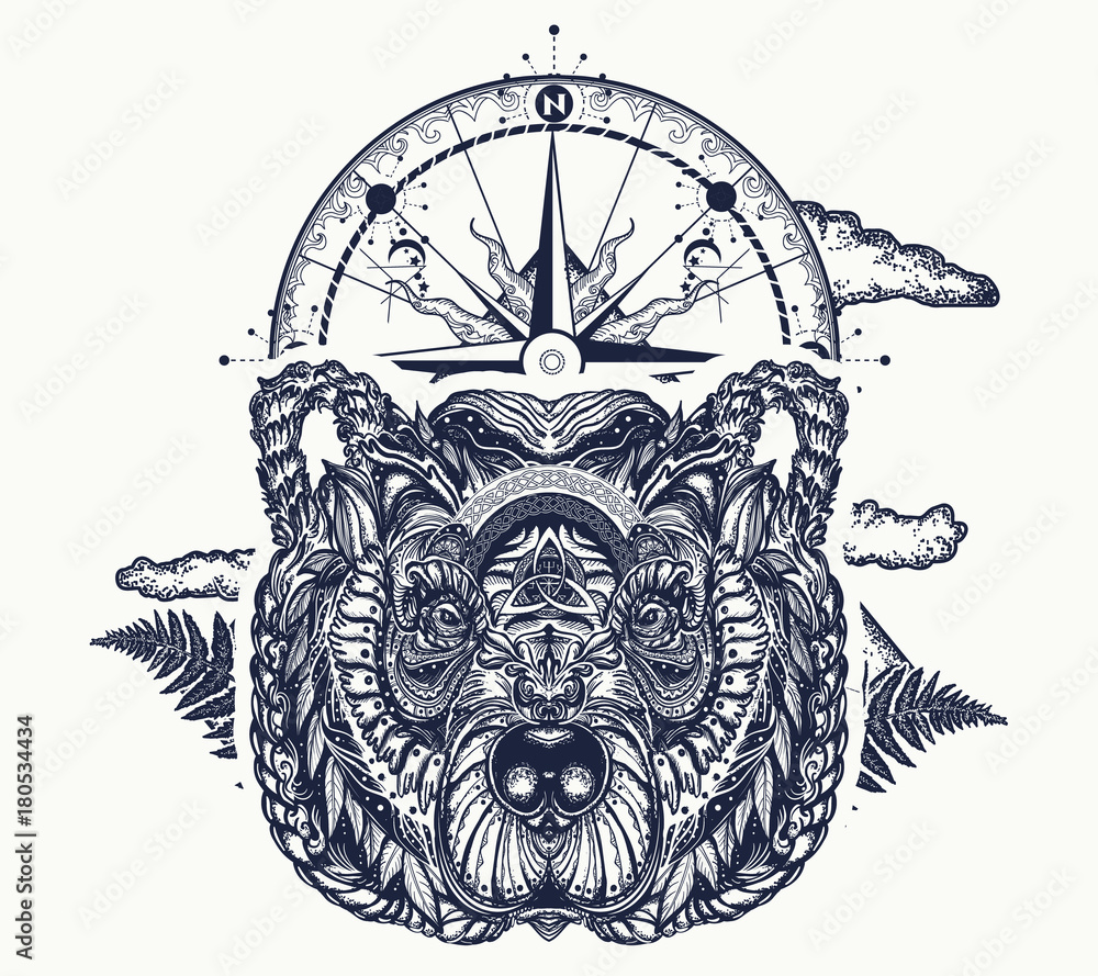 Bear and compass tattoo and t-shirt design. Northern grizzly bear ...