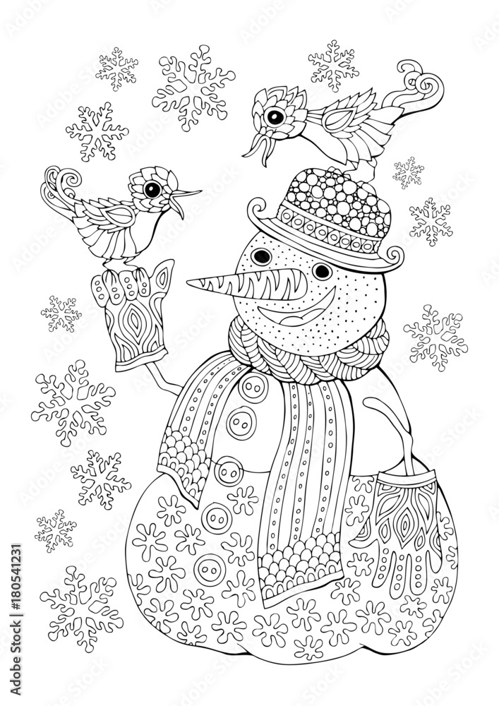 Snowman talking with birds. Snow. Winter mood. Hand drawn sketch for ...