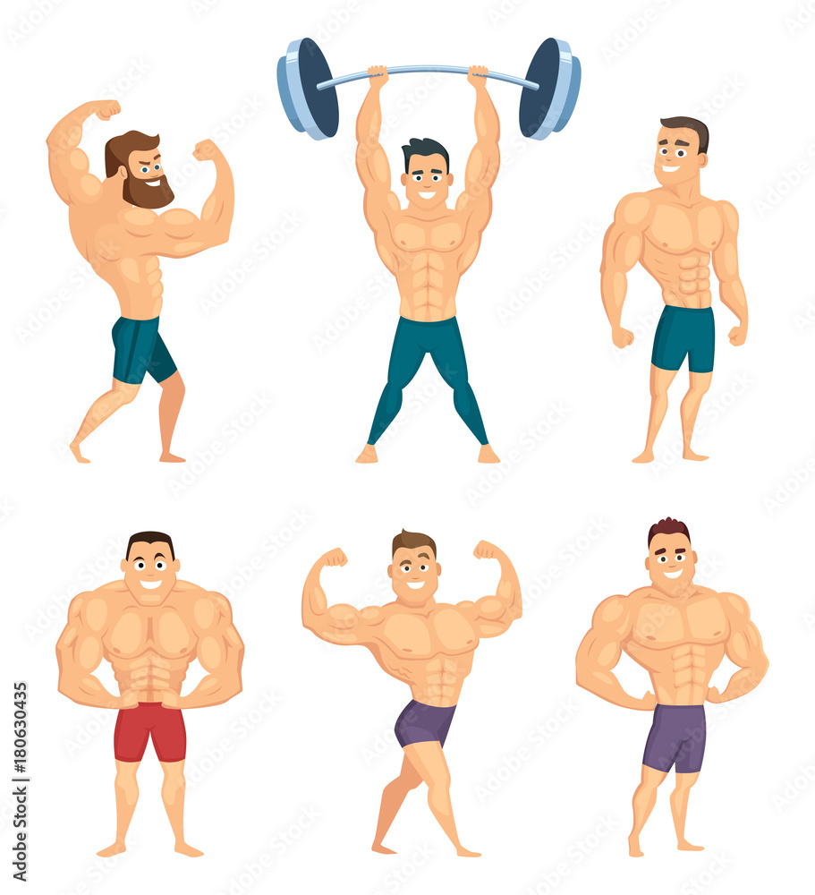 Cartoon characters of strong and muscular bodybuilders posing in ...