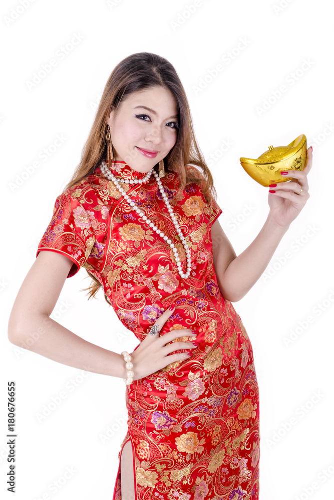 Young Asian Sexy Chinese Female Dress Traditional Cheongsam At Chinese New Year Isolated On