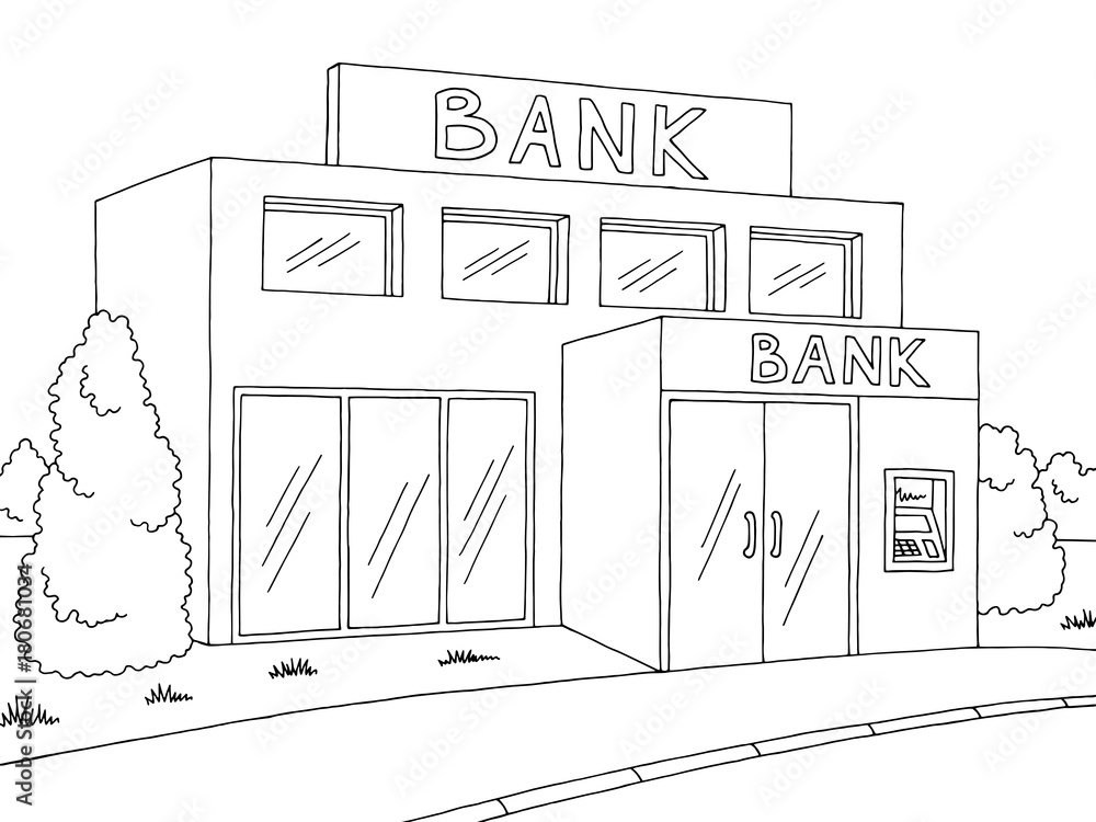 Bank exterior graphic black white sketch illustration vector Stock ...