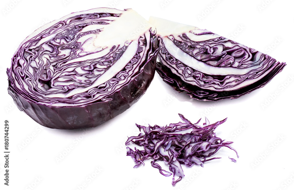 Group of sliced purple cabbage, one half, two quarters and shredded or ...