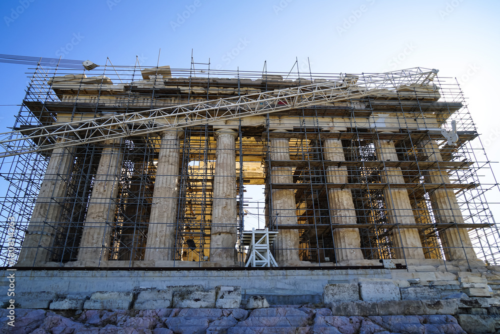 Restoration work in progress at world heritage ancient Parthenon showing doric order on top of ...