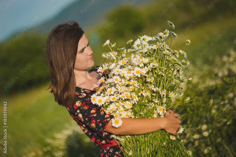 Charming adorable young lady woman dark brunette hairs and green eyes tender sexy posing with ...