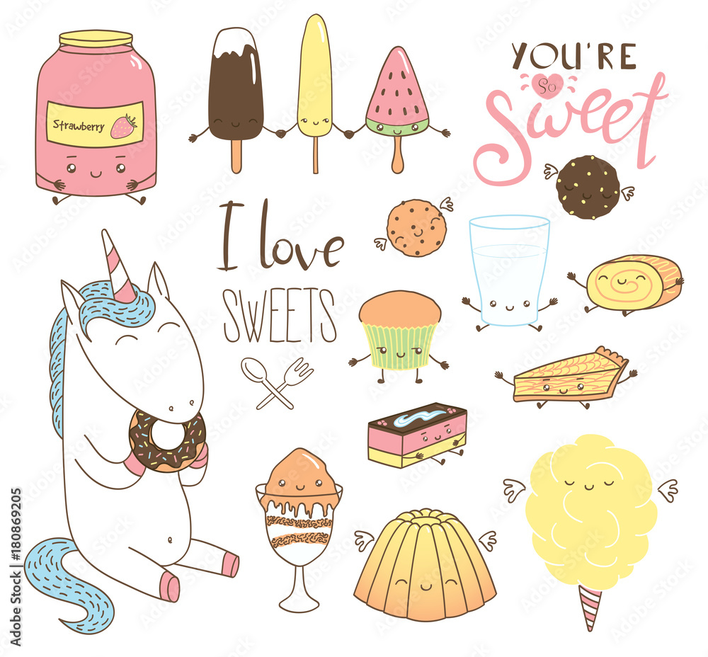 Set of different hand drawn sweet food doodles, with kawaii cartoon ...