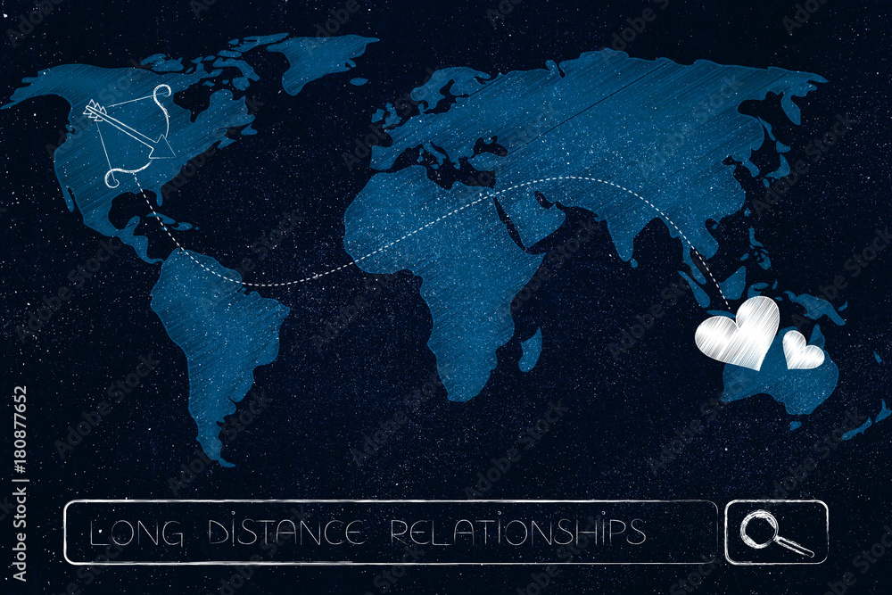world map with lovehearts connected to cupid's bow by dashed line ...