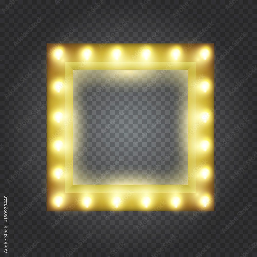 Square frame, box, banner or border with shining lights bulbs in ...