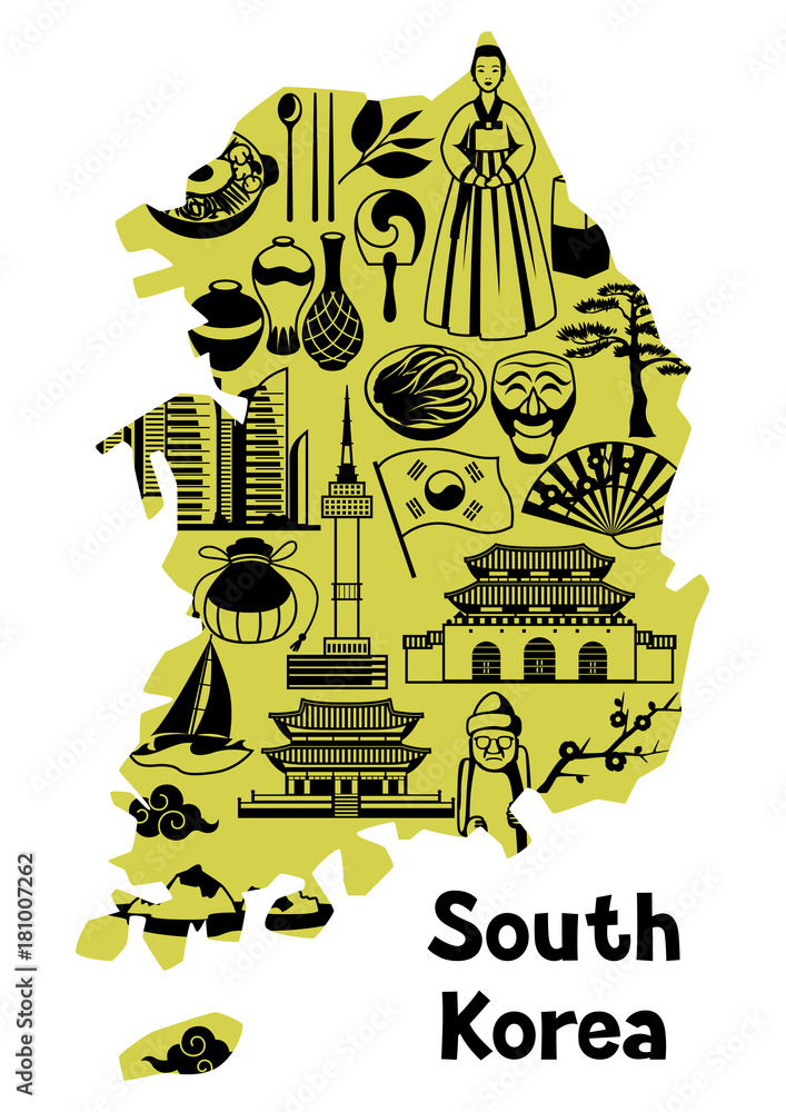 Korea map design. Korean traditional symbols and objects Stock Vector ...