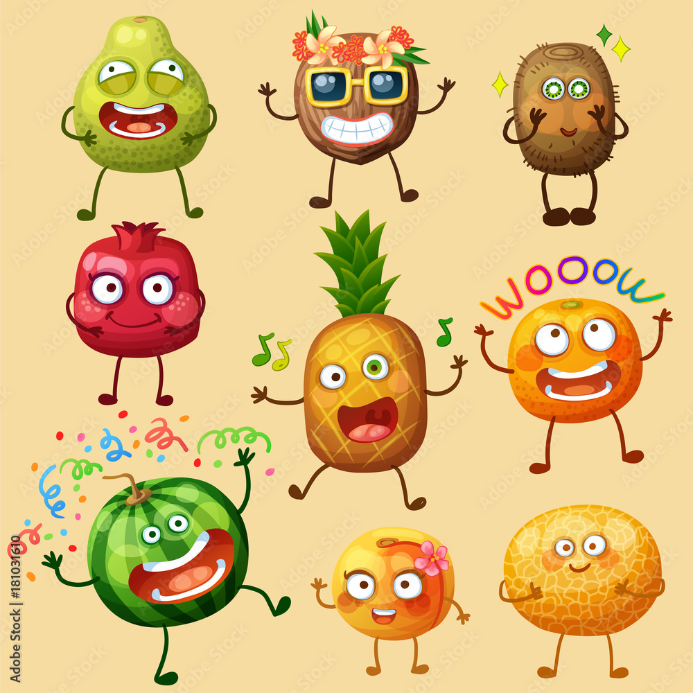 Funny fruit characters isolated on white background. Cheerful food ...