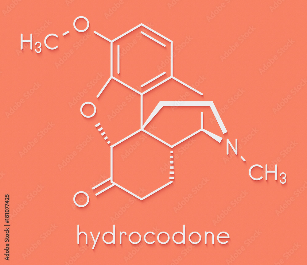 Hydrocodone narcotic analgesic drug molecule. Also used as cough ...