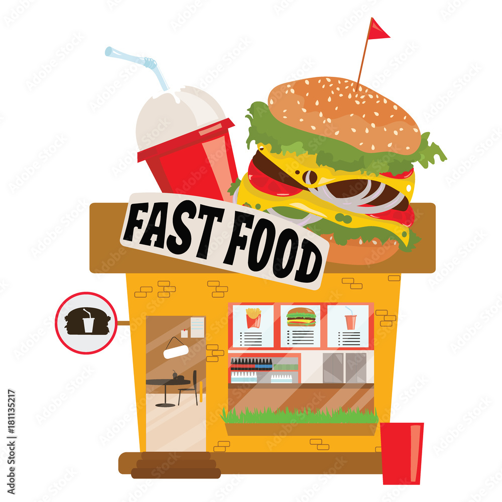 Cartoon fast food restaurant. Small shop. Business illustration. Stock ...