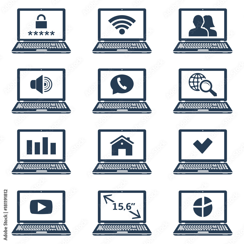 Laptop icons with signs and symbols on screen Stock Vector | Adobe Stock