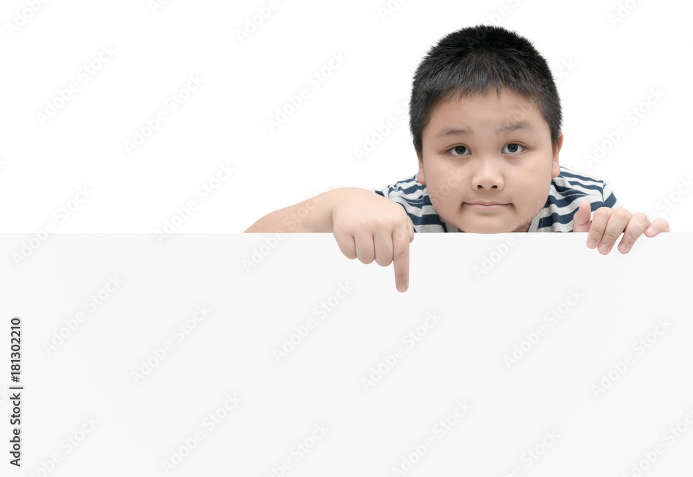 obese fat boy pointing on white banner - isolated on white background ...