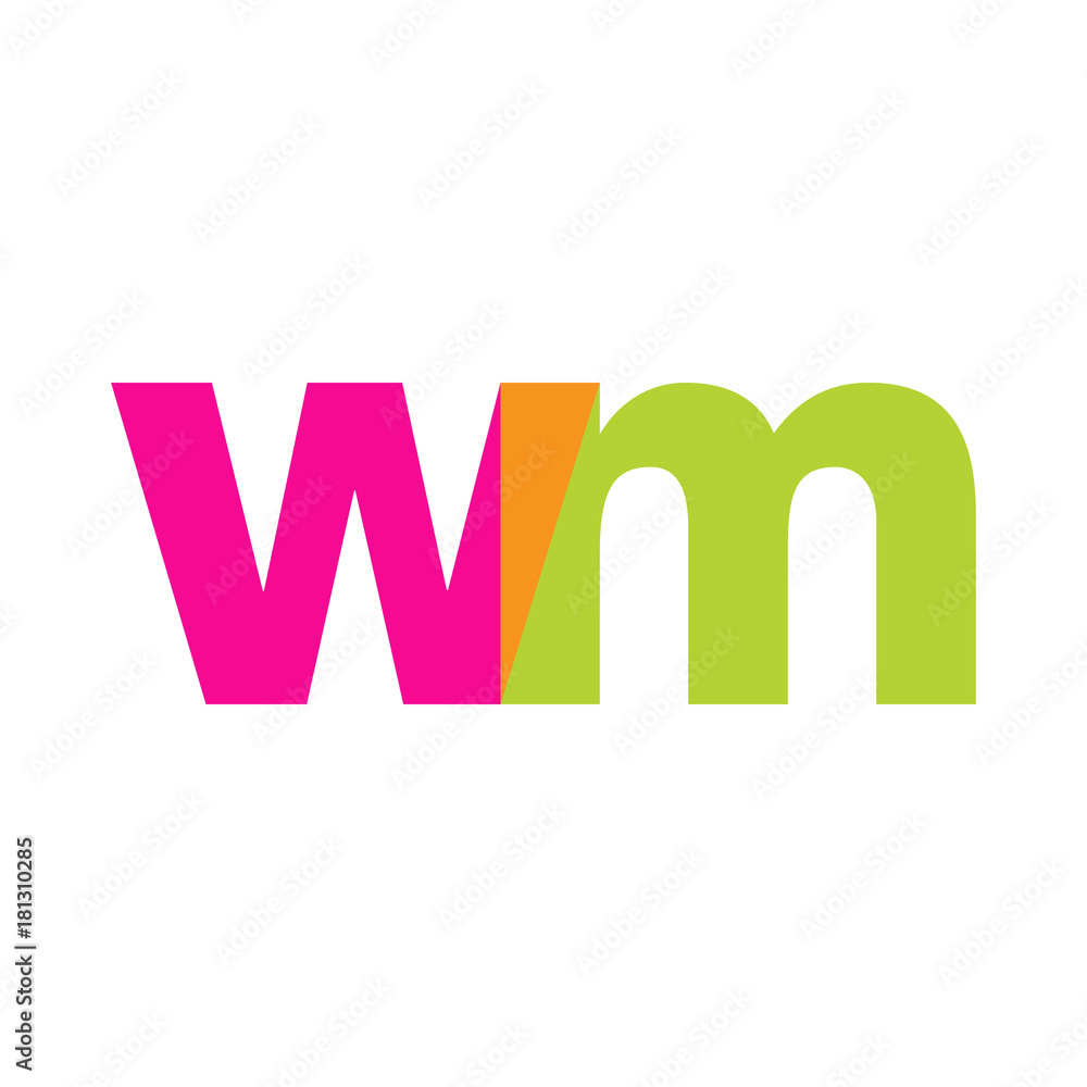 Initial letter wm, overlapping transparent lowercase logo, modern magenta orange green colors ...