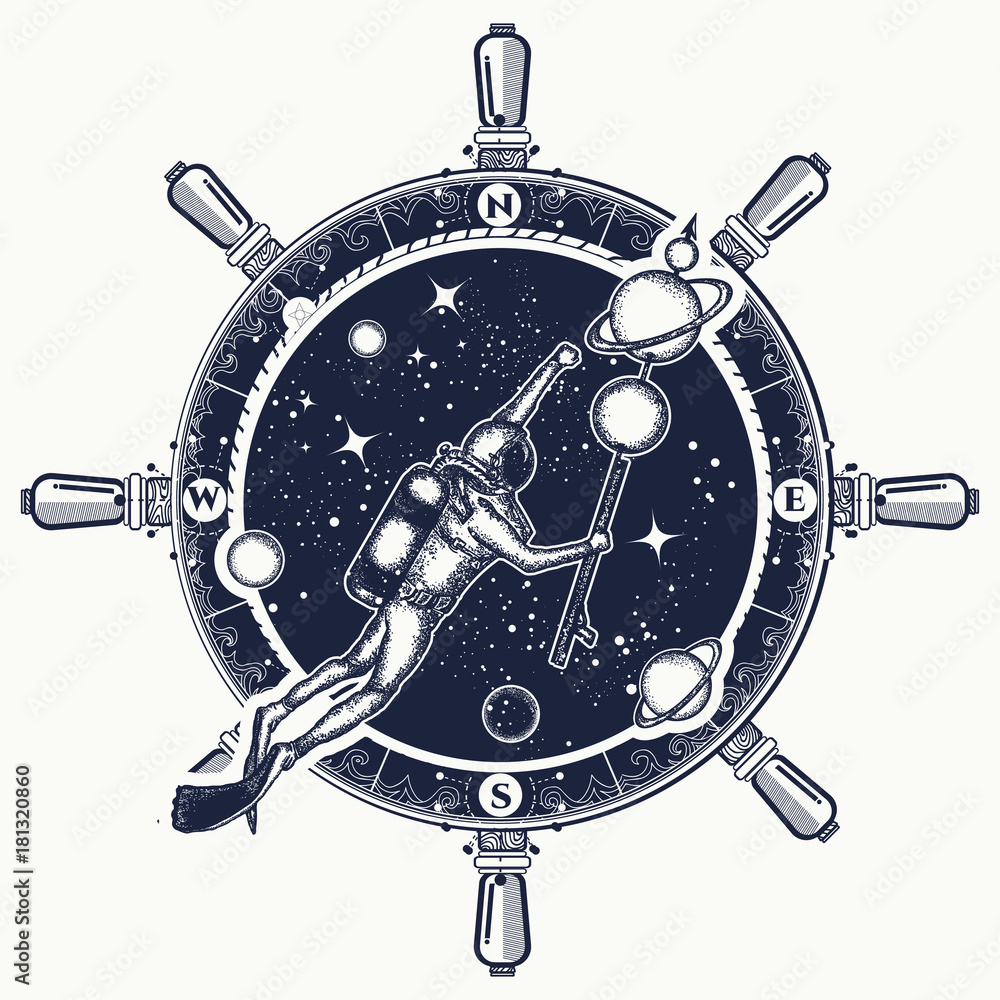 Astronaut in deep space t-shirt design. Symbol of science, research ...