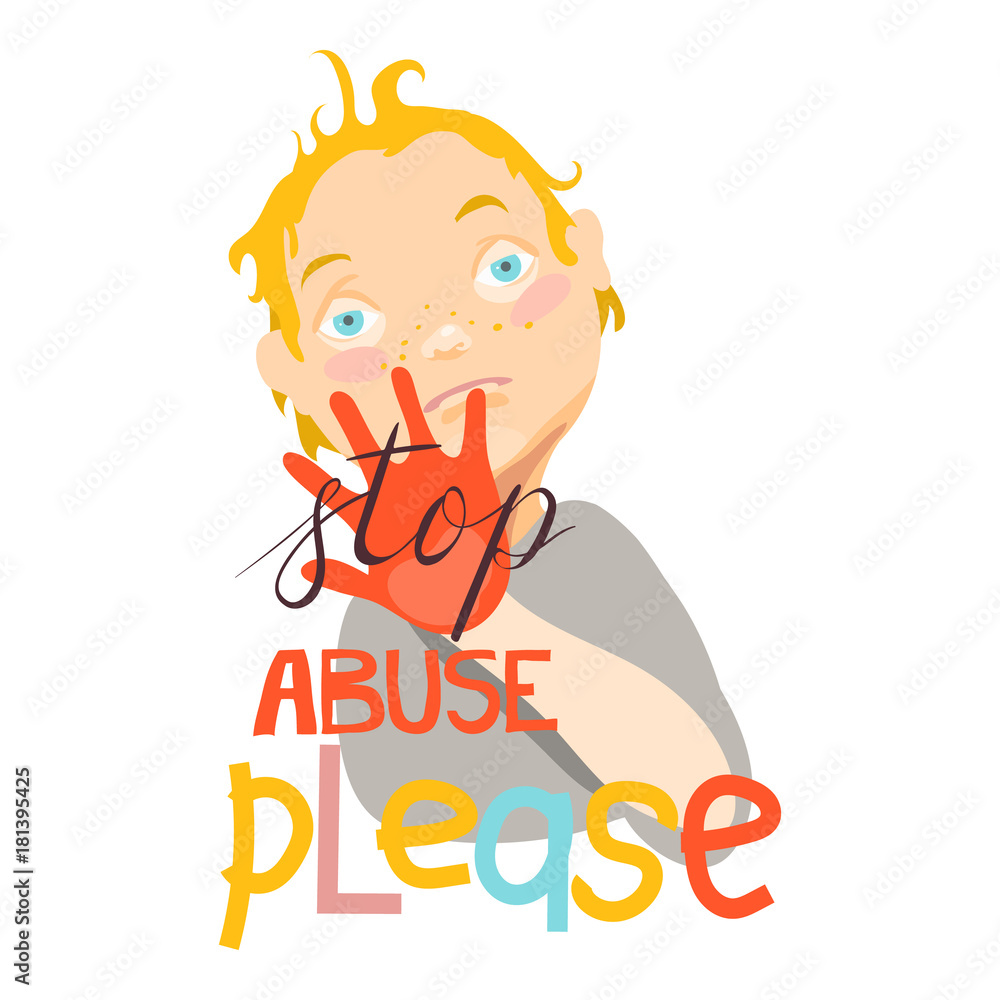 Stop child abuse concept. Childish illustration, the boy with sad face ...