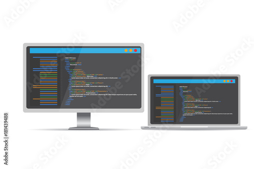 HTML code website. Laptop, desktop coding, programming concept. Vector illustration. - Buy this ...