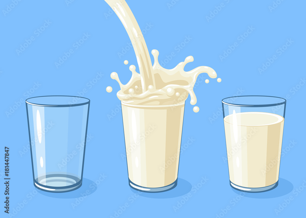 Row of glasses is filling with milk. White milky flow and splash in ...