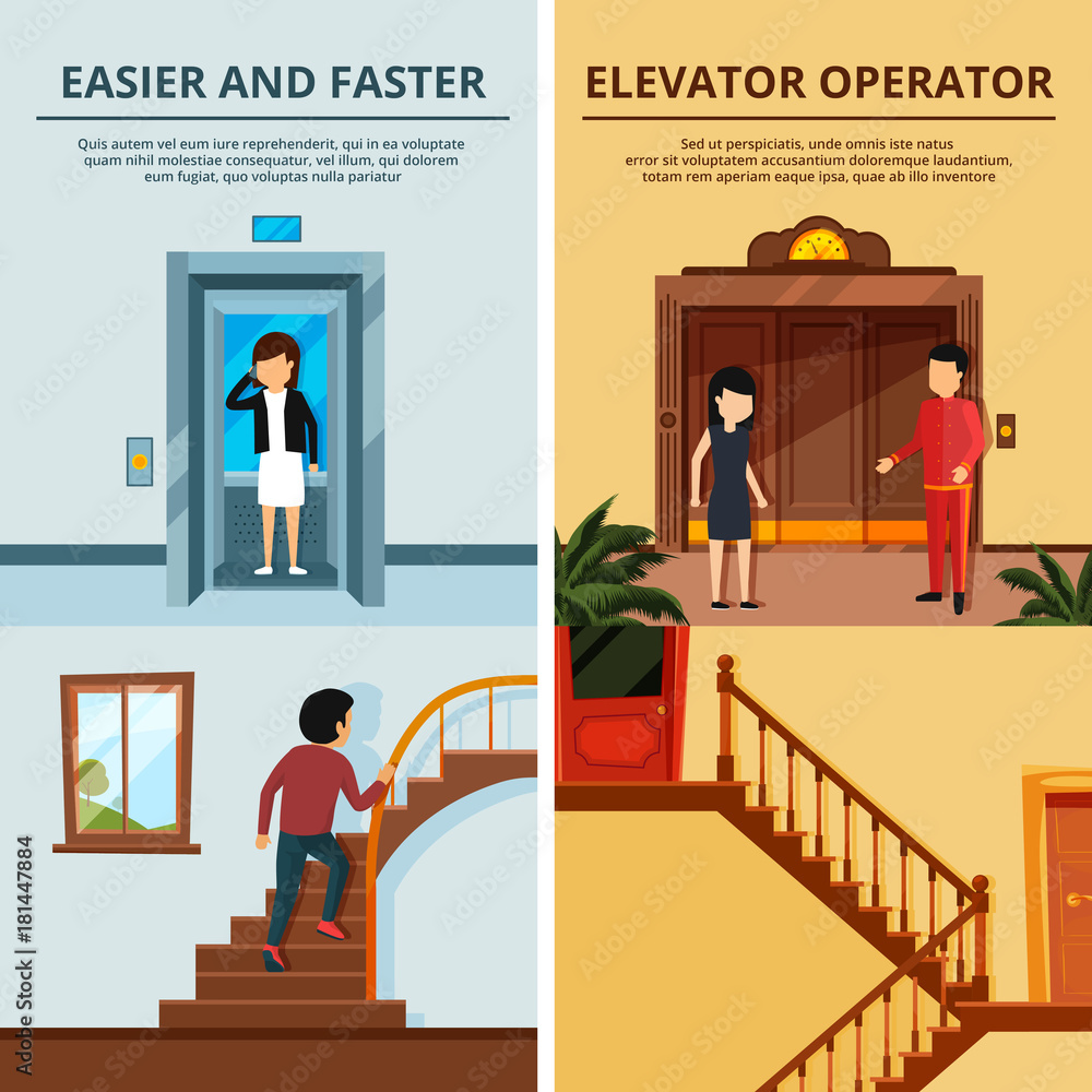 Banners set of different modern stairs and elevators. Hall of motel ...