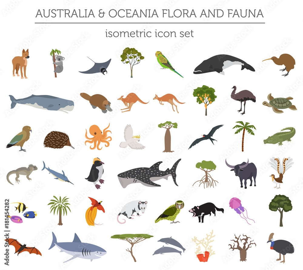 Isometric 3d Australia and Oceania flora and fauna map elements ...