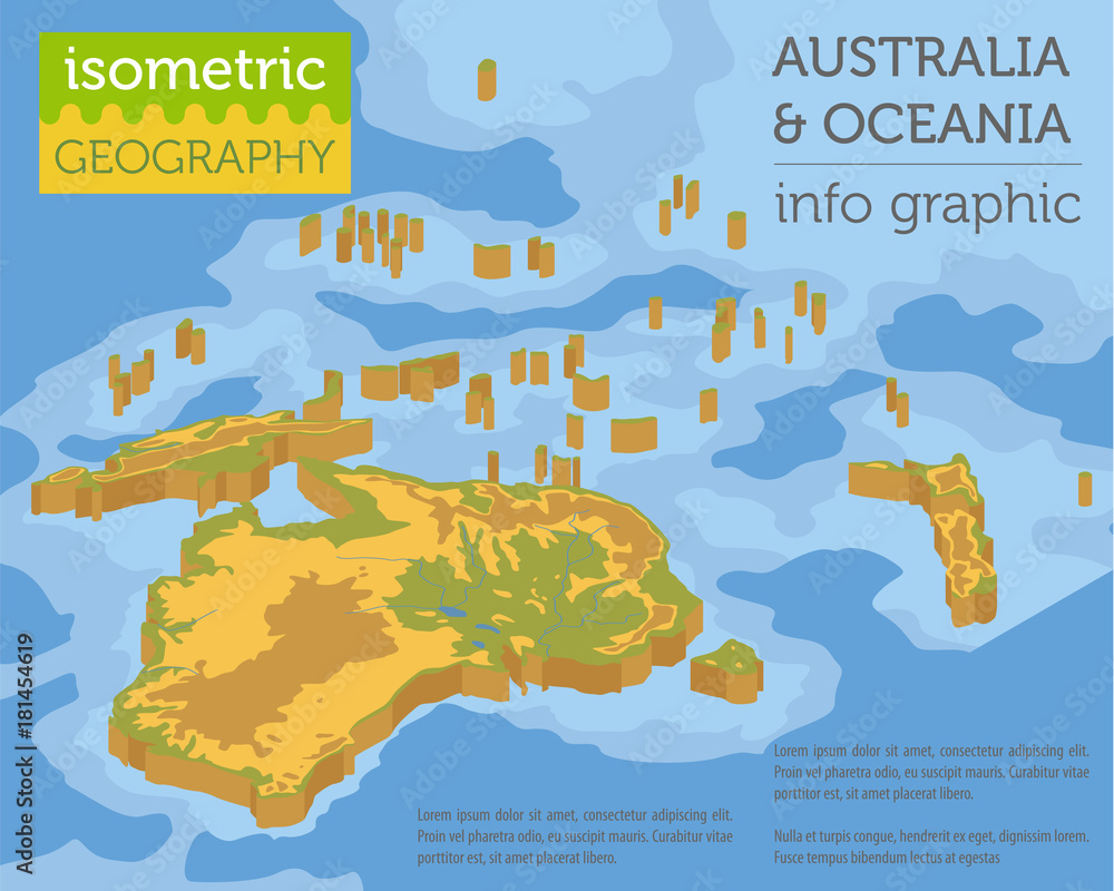 Isometric 3d Australia and Oceania physical map elements. Build your ...