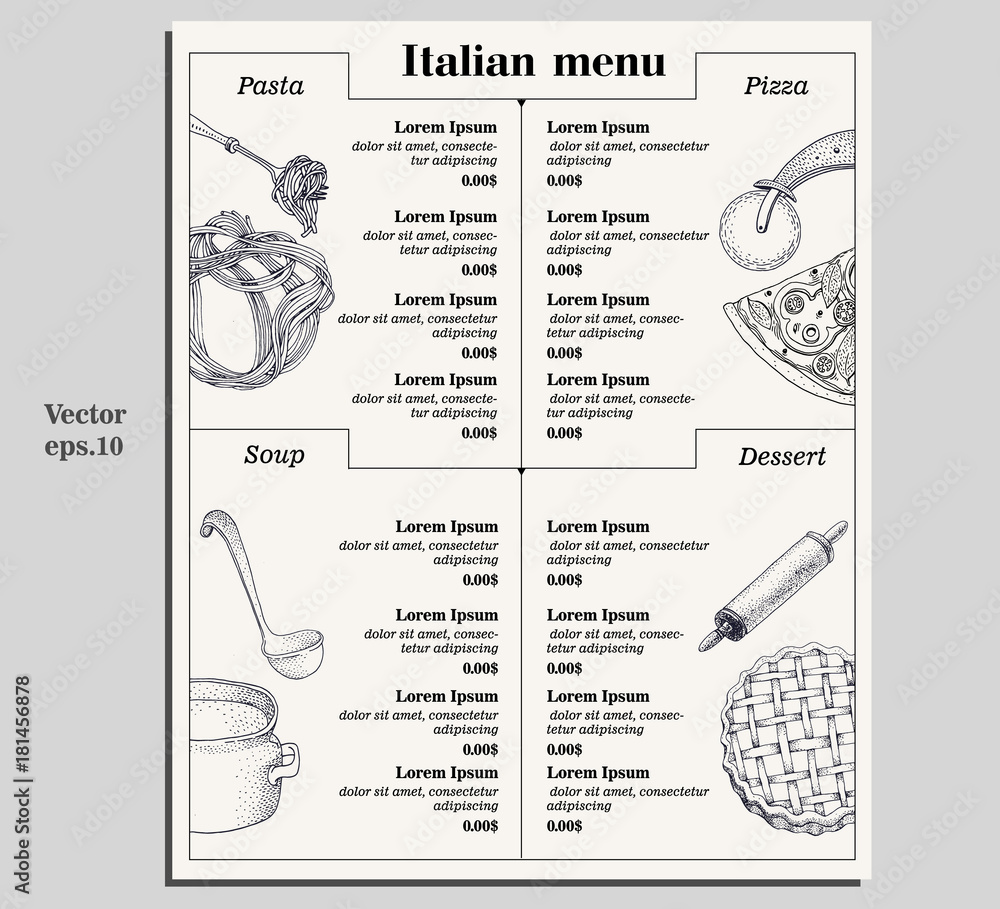 Italian food menu of different pasta, pizza, soup and dessetrt. Design ...