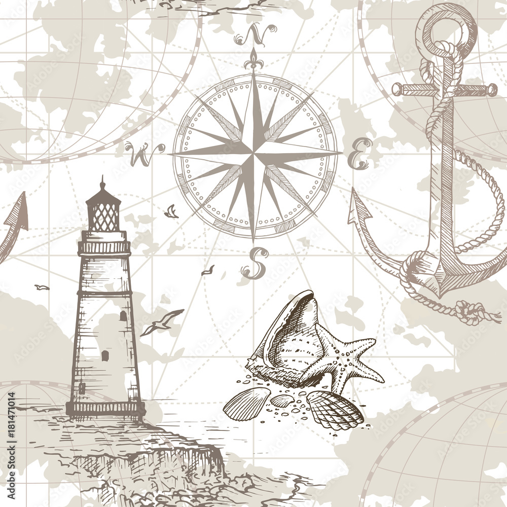 Vetor Hand drawn vector seamless sea map with compass, lighthouse ...
