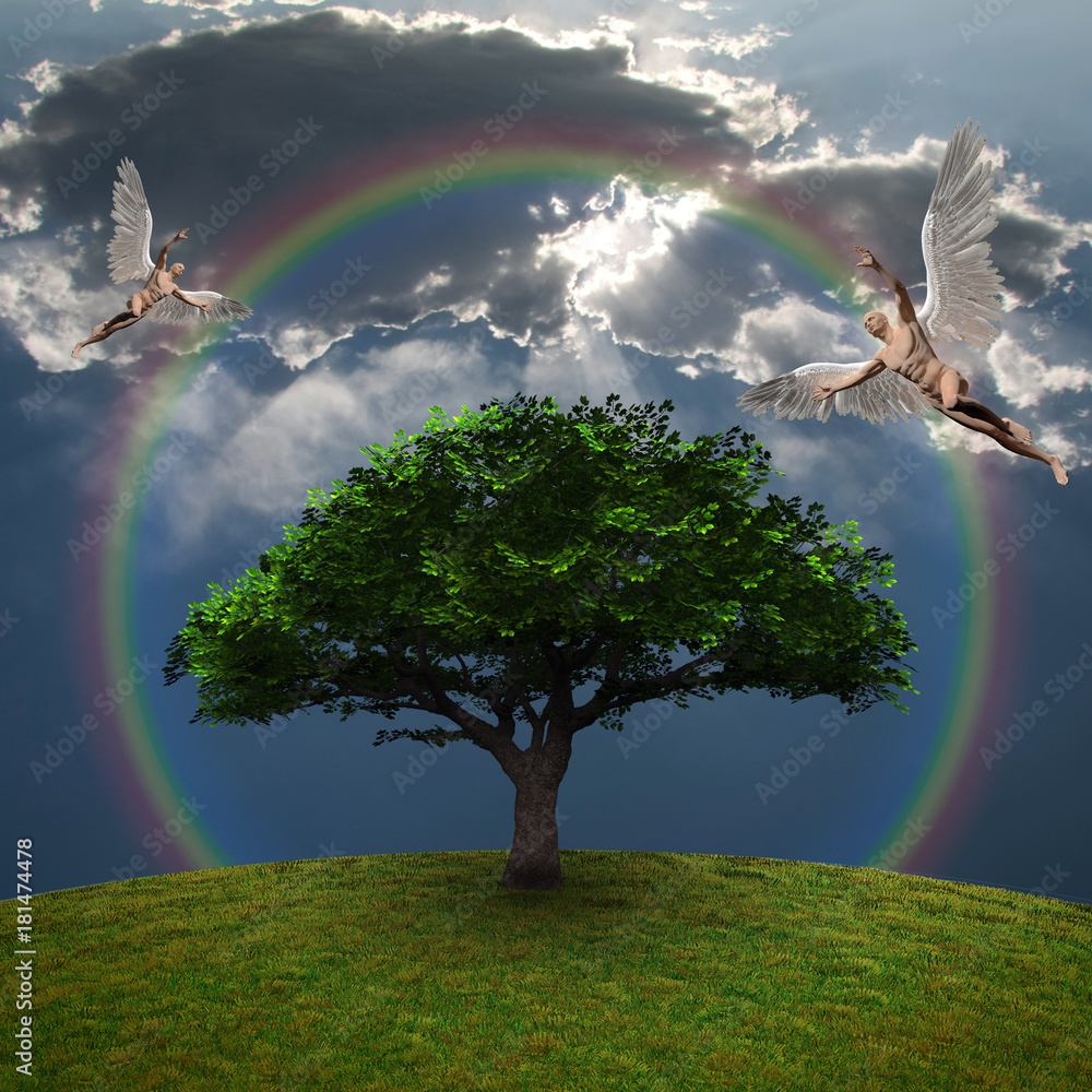 Angels above green tree. 3D rendering. Stock Illustration | Adobe Stock