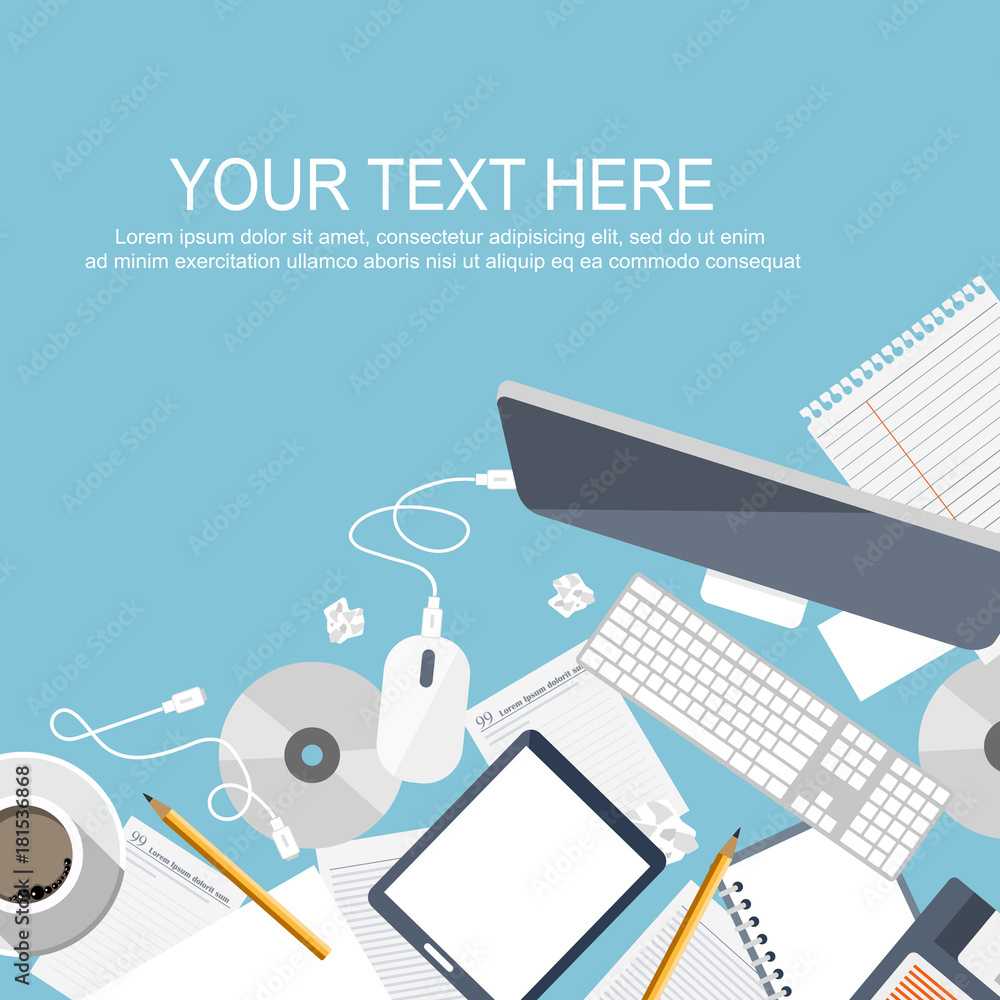 Office work desk concept. Work space, workplace, office, indoor. Flat ...